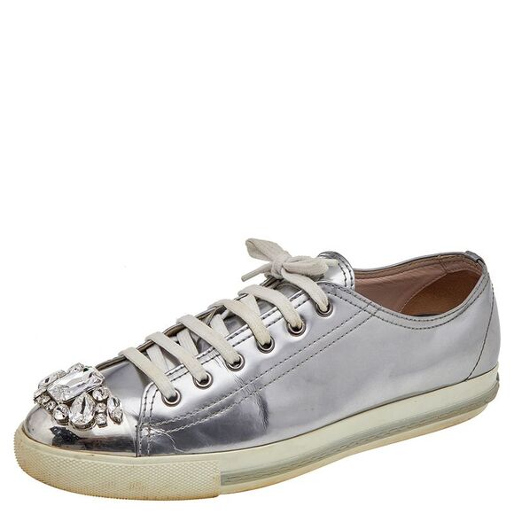 Miu Miu | Shoes | Miu Miu Silver Patent Leather Crystal Embellished Low Top Sneakers Size 4 ...